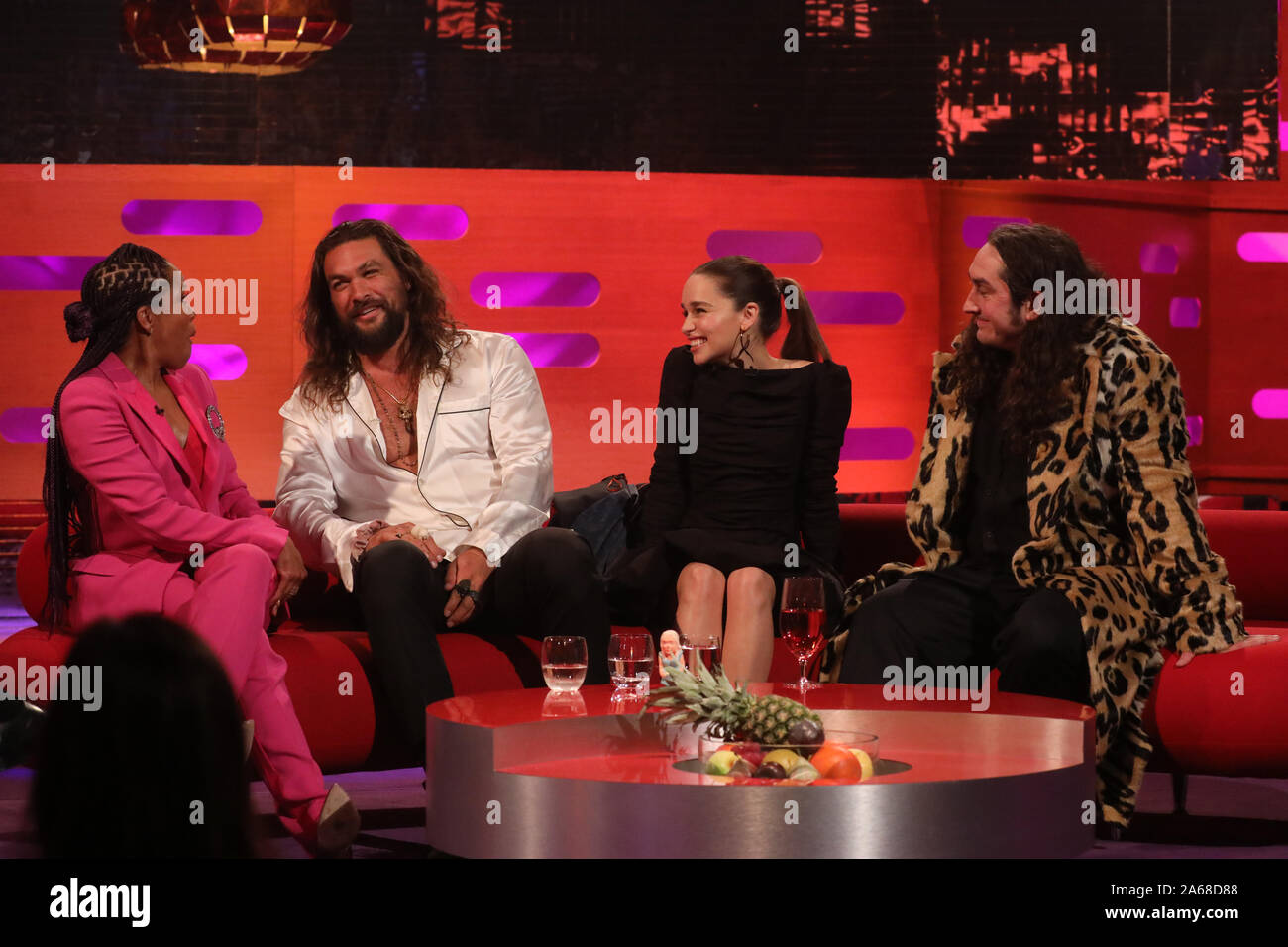 (left to right) Regina King, Emilia Clarke, Jason Momoa, and Ross Noble ...