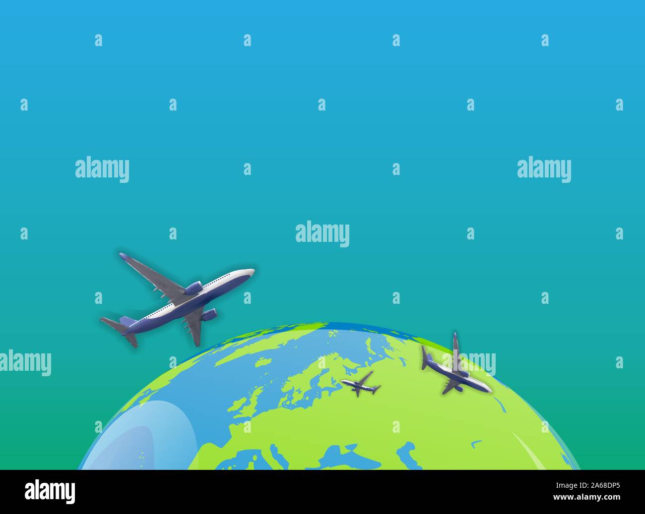 Naturalistic view of an airplane flying in the sky above planet Earth ...