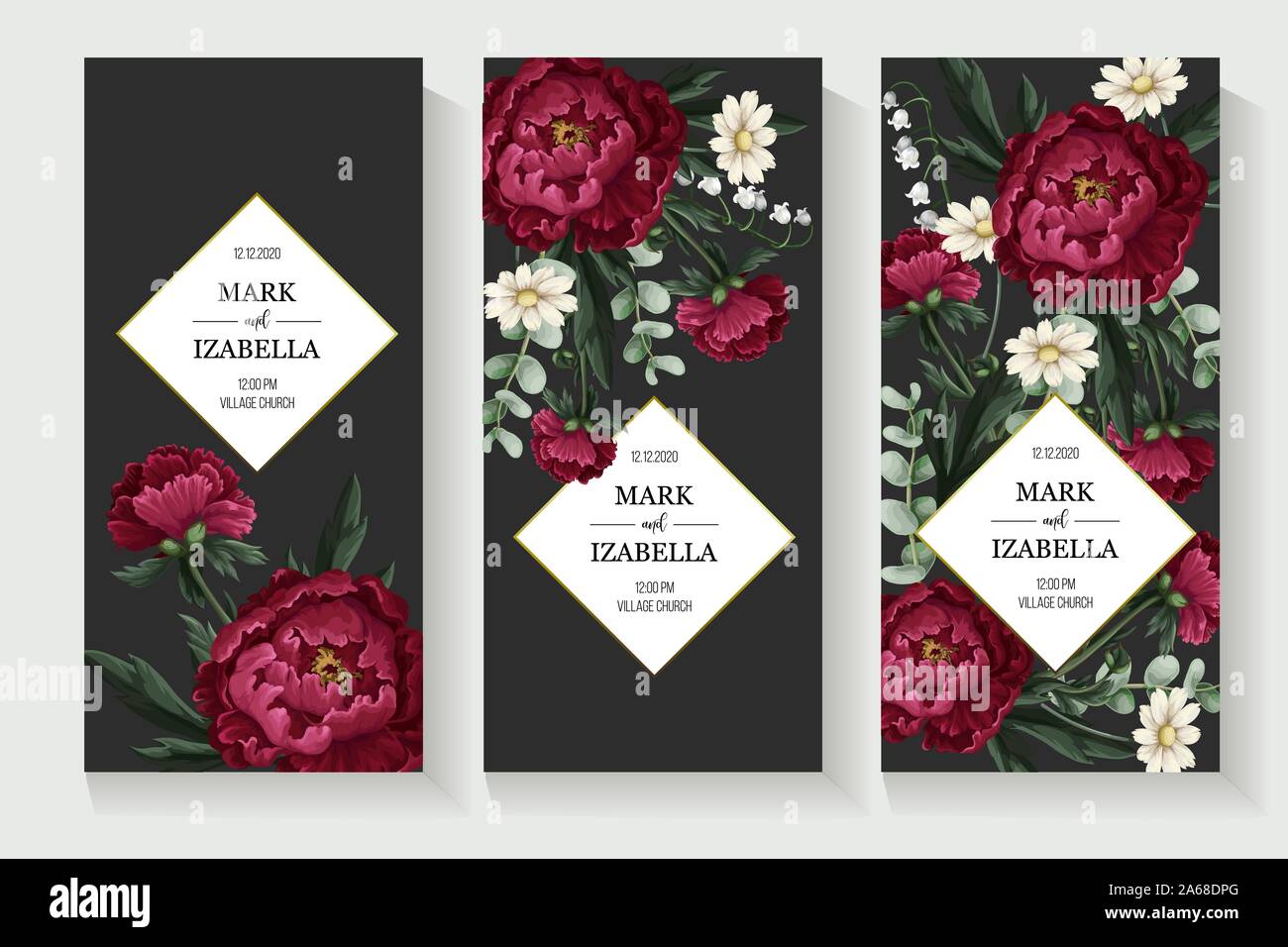 Wedding invitation with burgundy . peonies. Vector Stock Vector Image ...