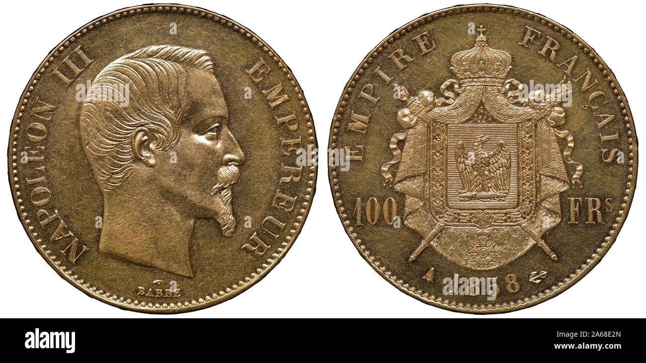 France French golden coin 100 one hundred francs 1858, ruler Emperor ...