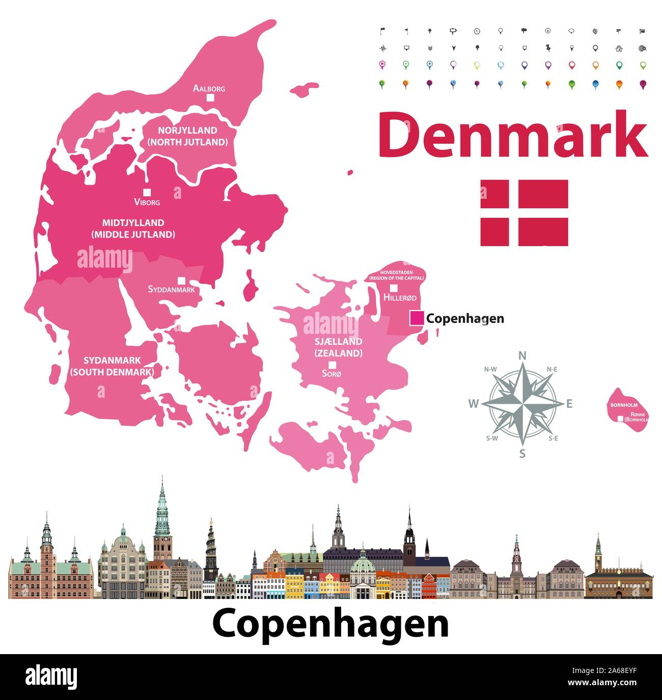 Denmark map and flag with Copenhagen city skyline. Vector illustration ...