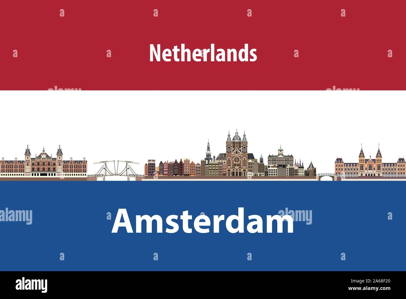 vector travel poster with Amsterdam city skyline silhouette and flag of ...