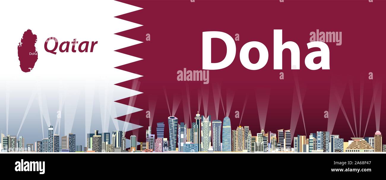 Vector illustration of Doha city skyline with flag and map of Qatar on ...