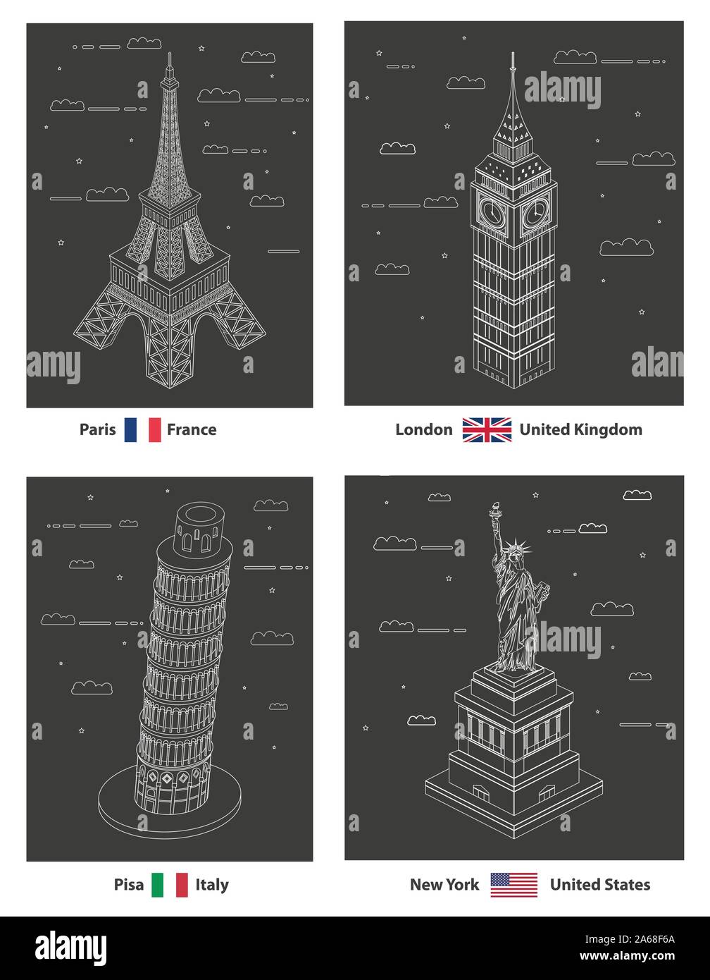 Vector line art style illustration of world famous landmarks: Eiffel ...