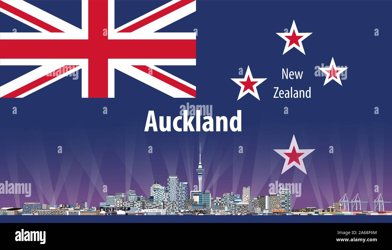 vector travel poster with Auckland city skyline silhouette and New ...