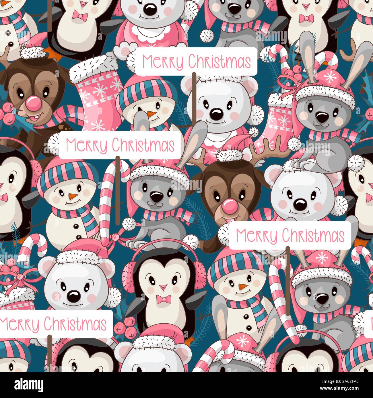 Seamless pattern with cute baby animals on Christmas wear. Vector Stock ...