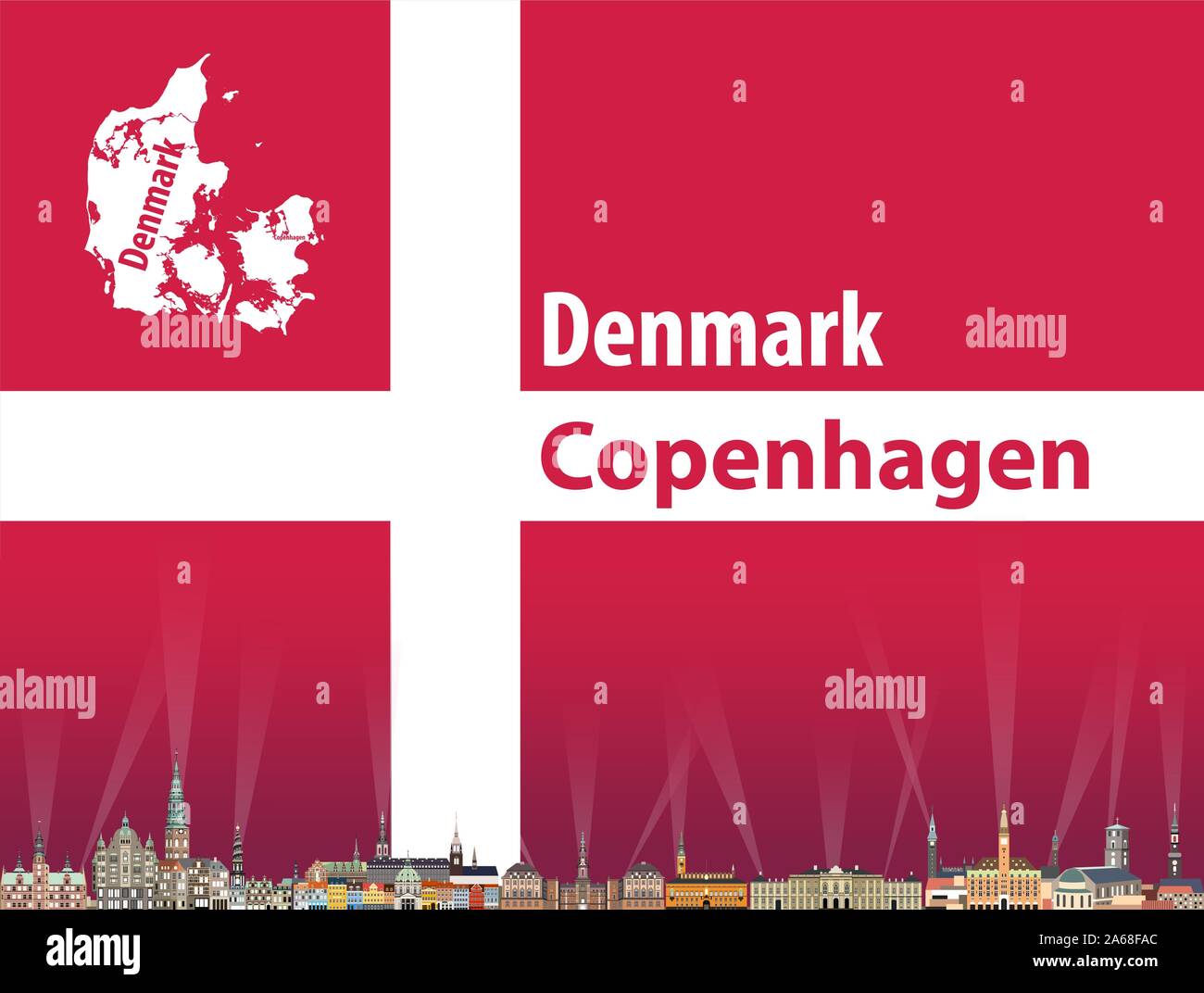 vector travel poster with Copenhagen city skyline silhouette and Denmark flag and map on ...
