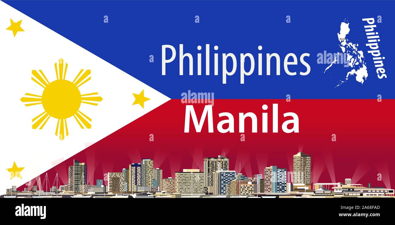 Vector illustration of Manila city skyline with flag of Philippines on ...