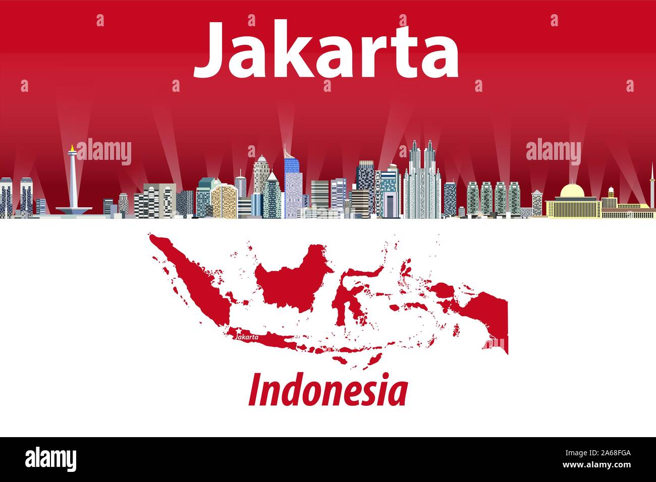 Vector illustration of Jakarta city skyline with flag and map of ...