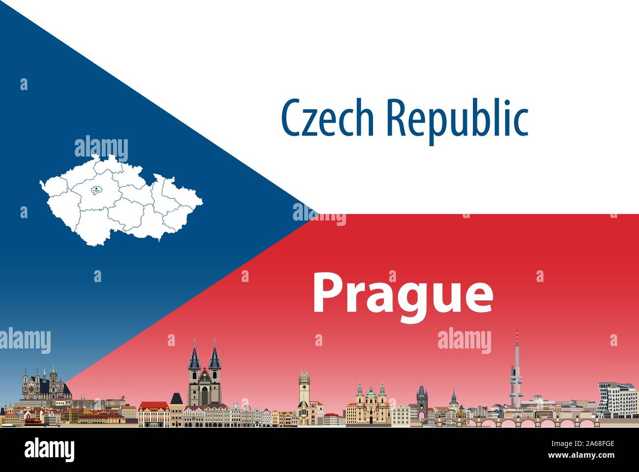 Vector illustration of Prague city skyline with flag and map of Czech ...