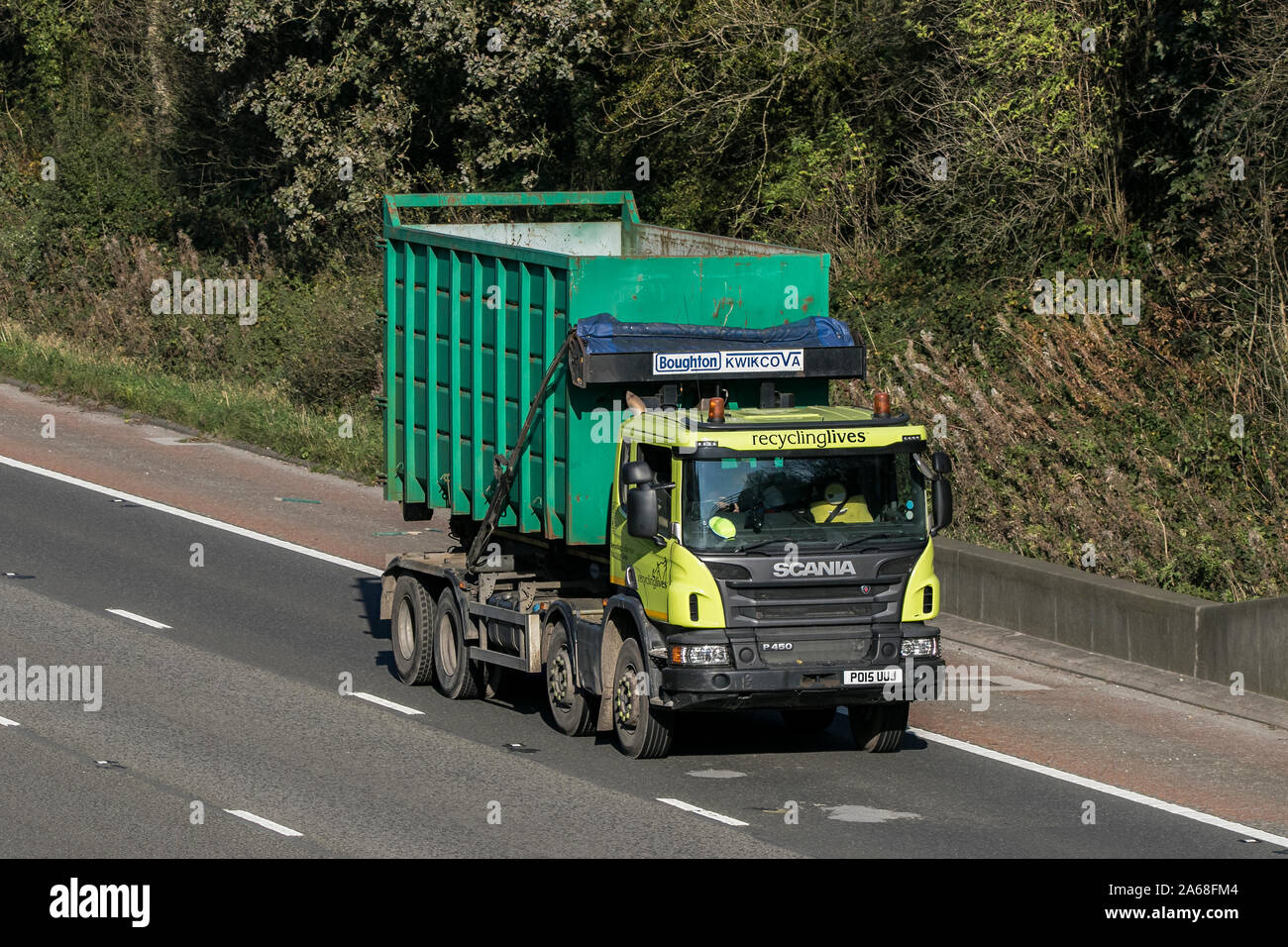 A recycling lives Scania P450 transport skip truck traveling on the M6 ...
