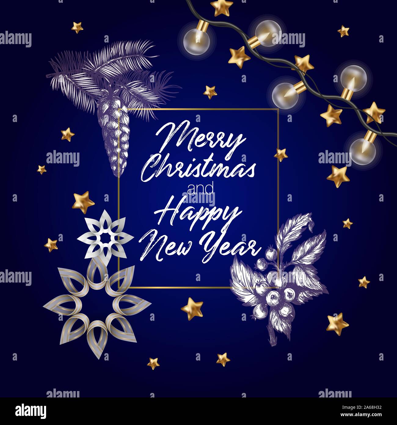 Christmas poster or postcard with pine, holly berry in graphic style ...