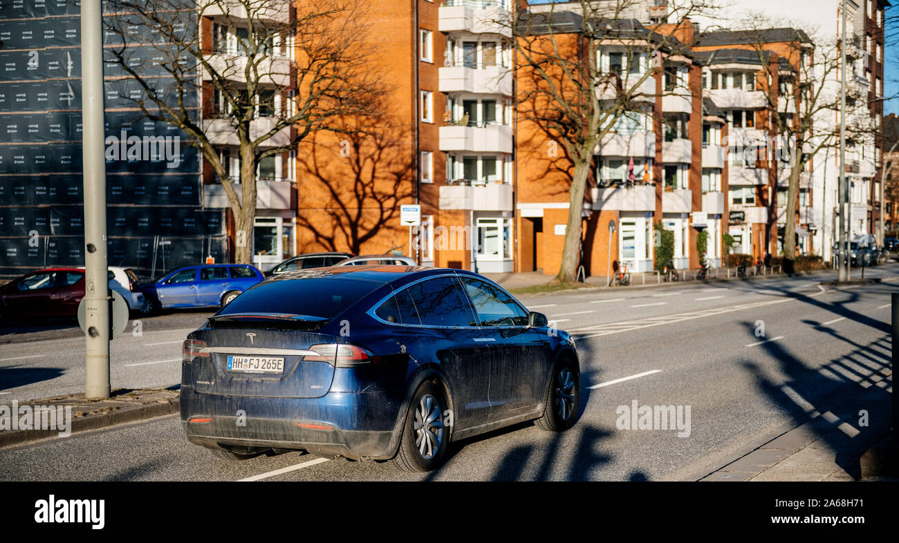 Hamburg, Germany - Mar 2018: Side view of black Tesla Model X electric ...