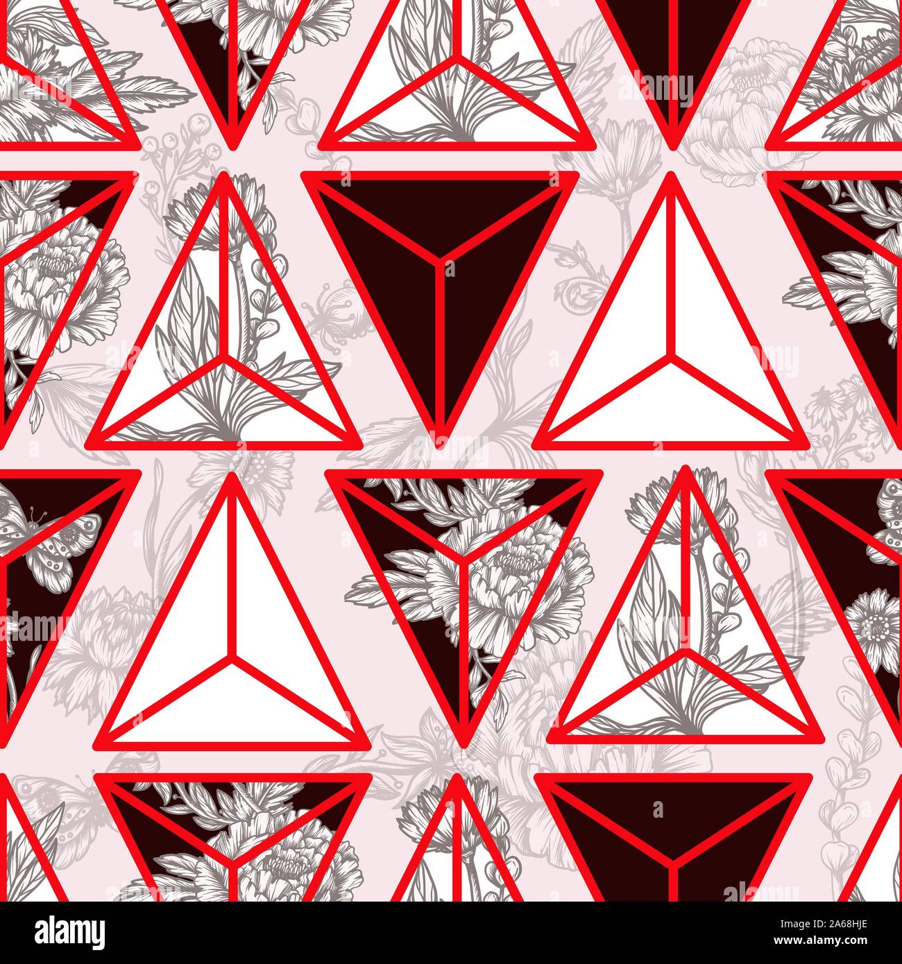 Seamless floral pattern with graphic flowers and triangles. Vector ...