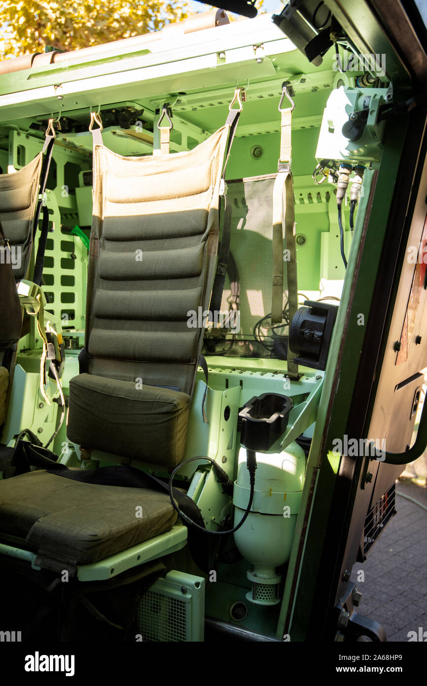 Interior view of empty multi-role armored military vehicle personnel ...