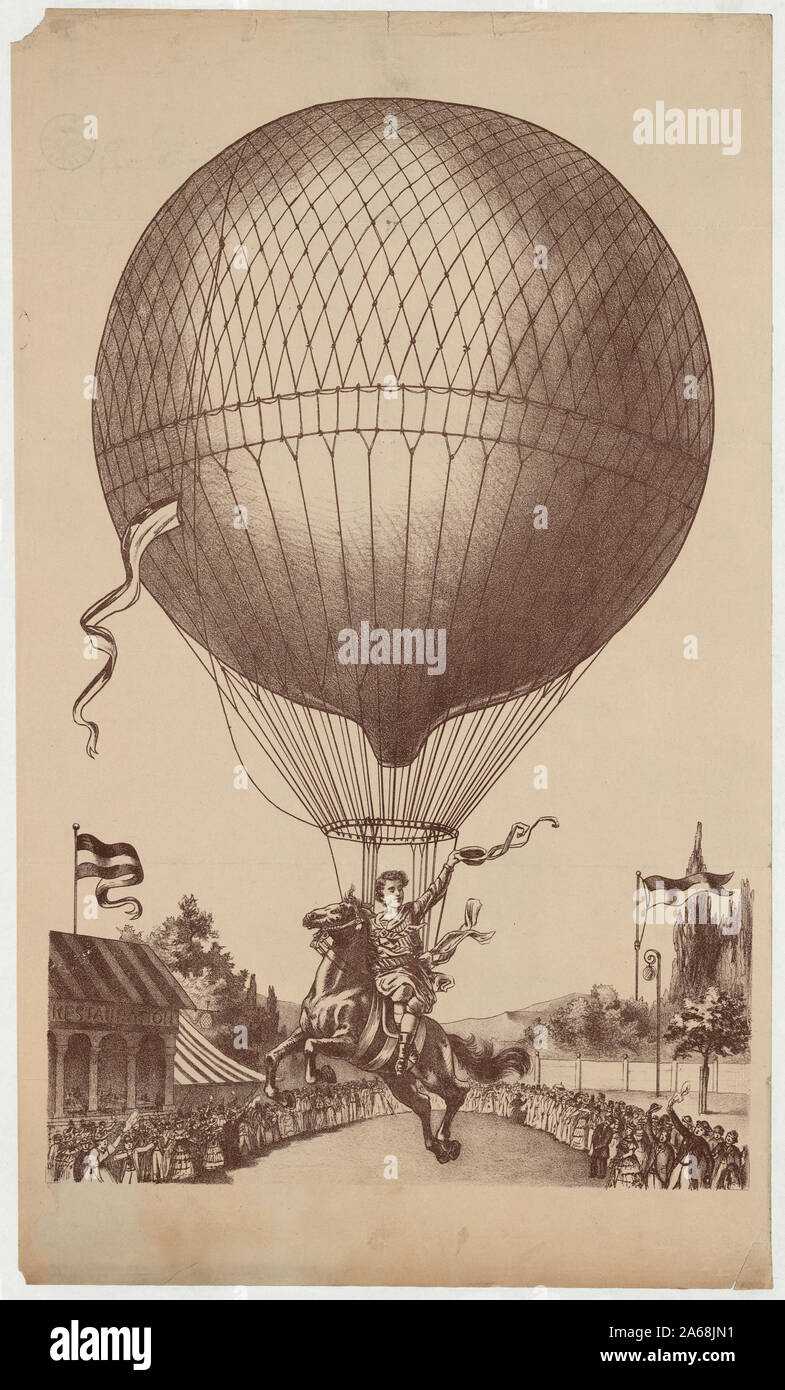 Woman seated sidesaddle on a horse attached to an ascending balloon at ...