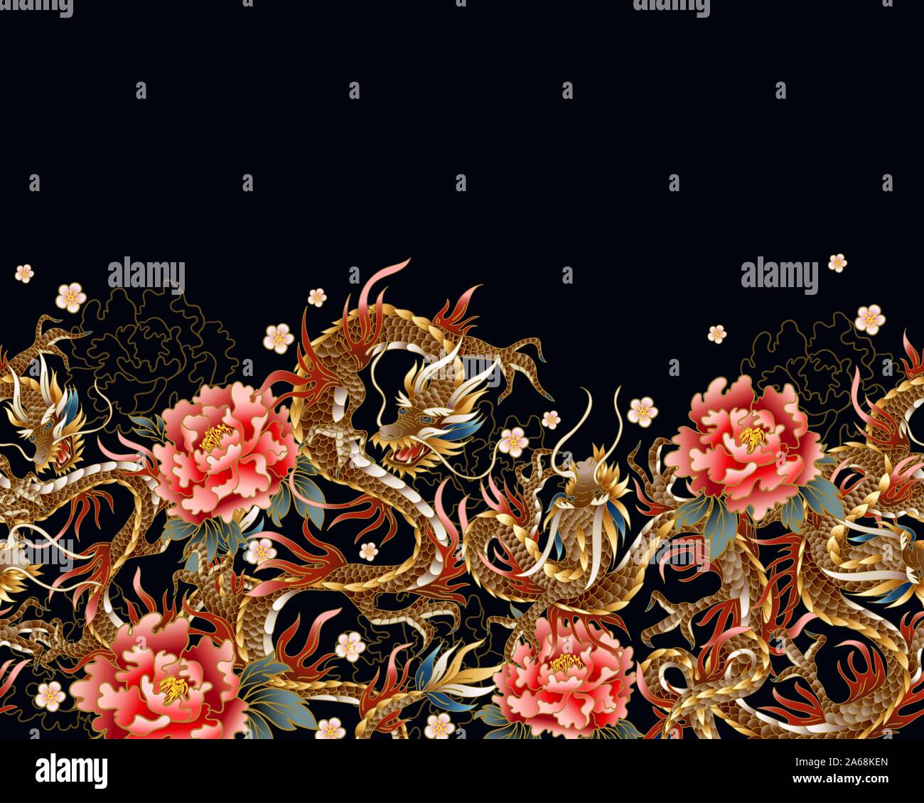 Border with Chinese traditional dragon, peonies and sakura. vector ...
