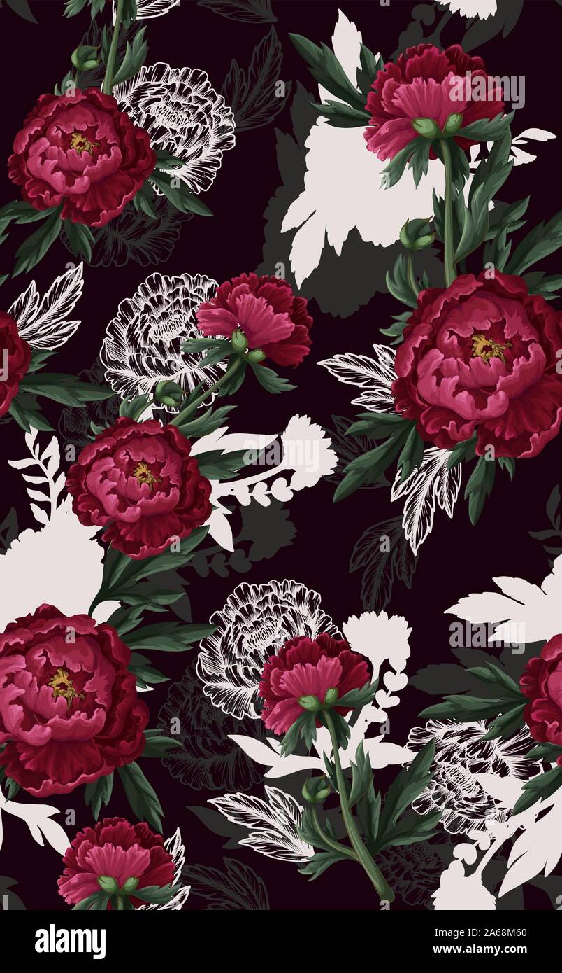 Seamless pattern with burgundy peonies. Vector Stock Vector Image & Art ...