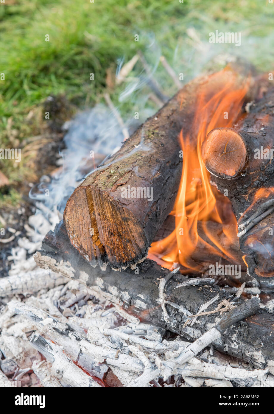 Outdoor camping survival wood fire in field. Shows fire pit with ...