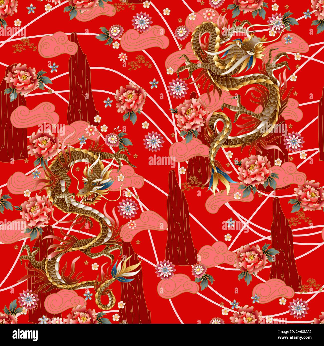 Seamless pattern with Chinese traditional dragon, peonies and sakura ...