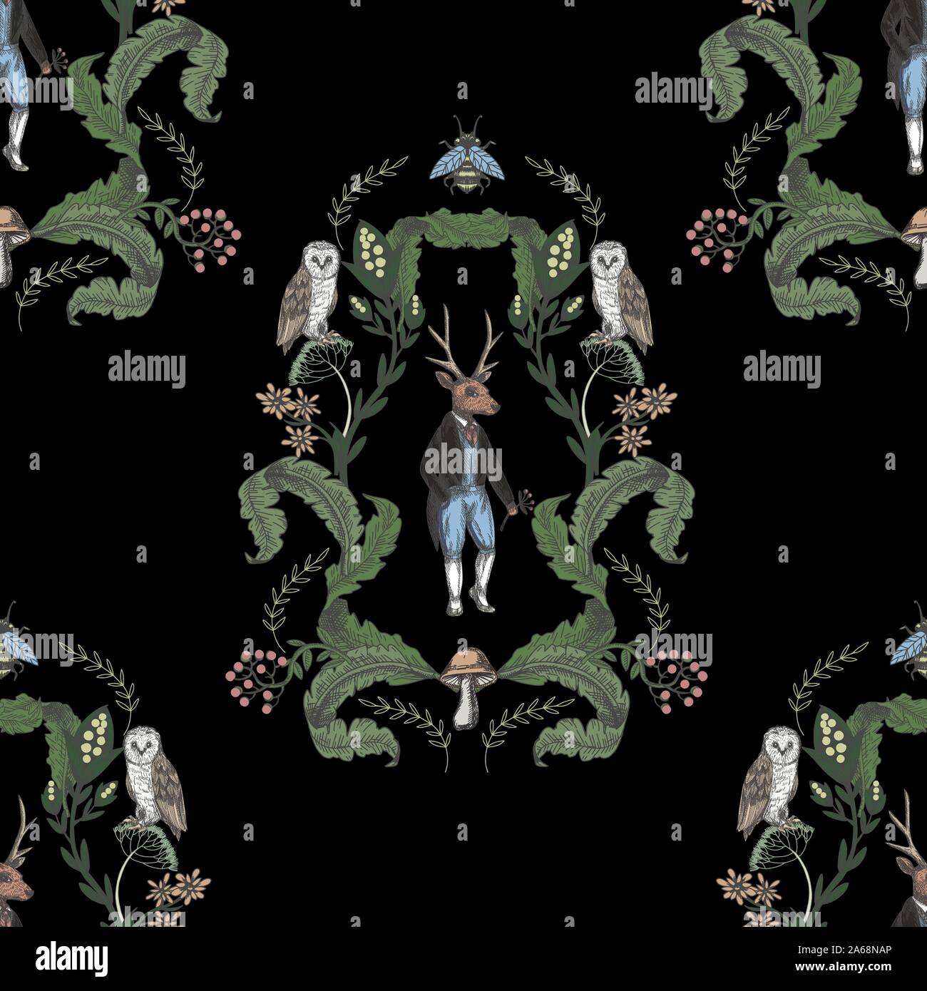 Fairytale graphic seamless pattern with forest animals and flowers ...