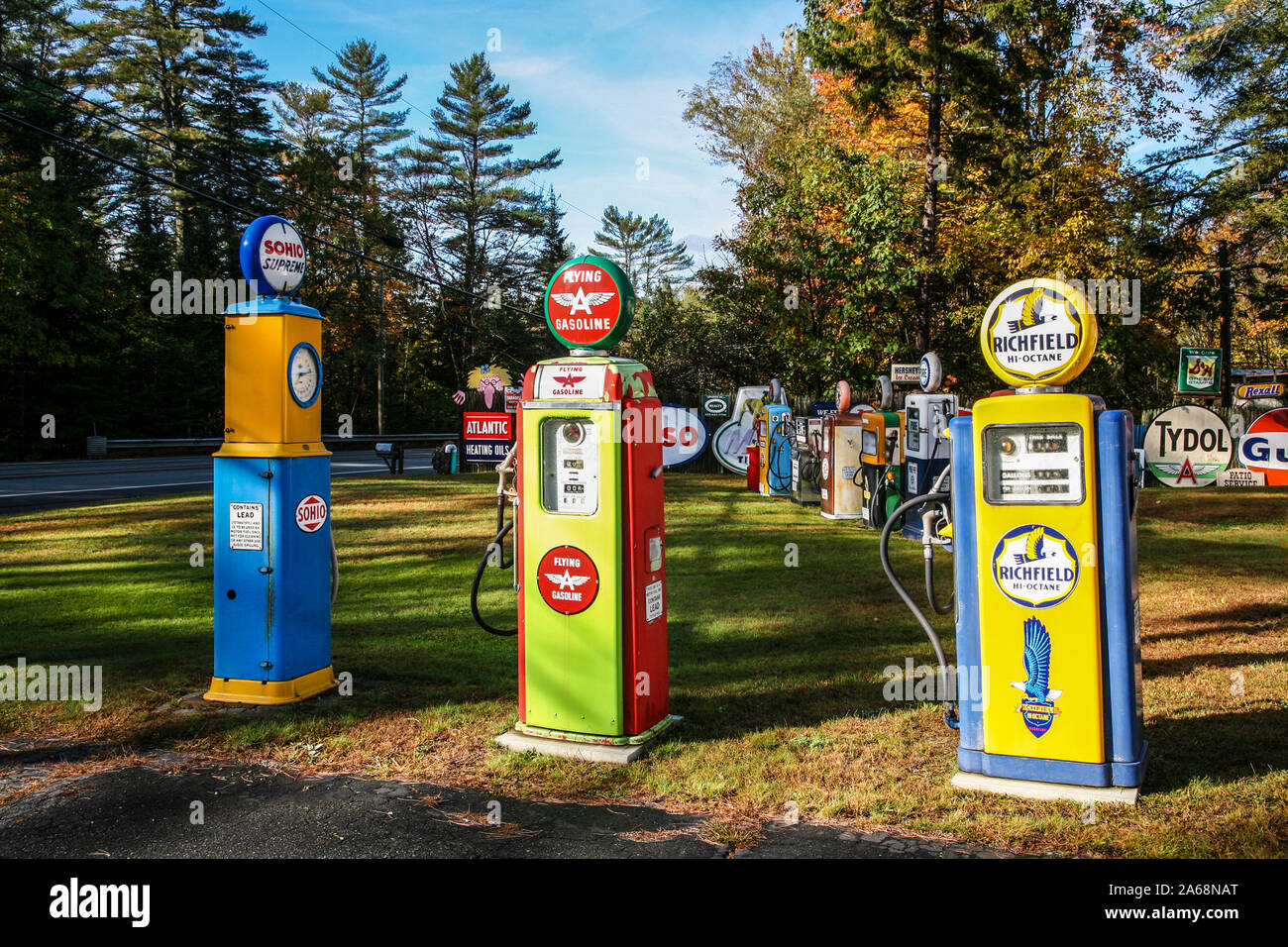 Vintage gas pump collection, New Hampshire, New England, USA, old ...