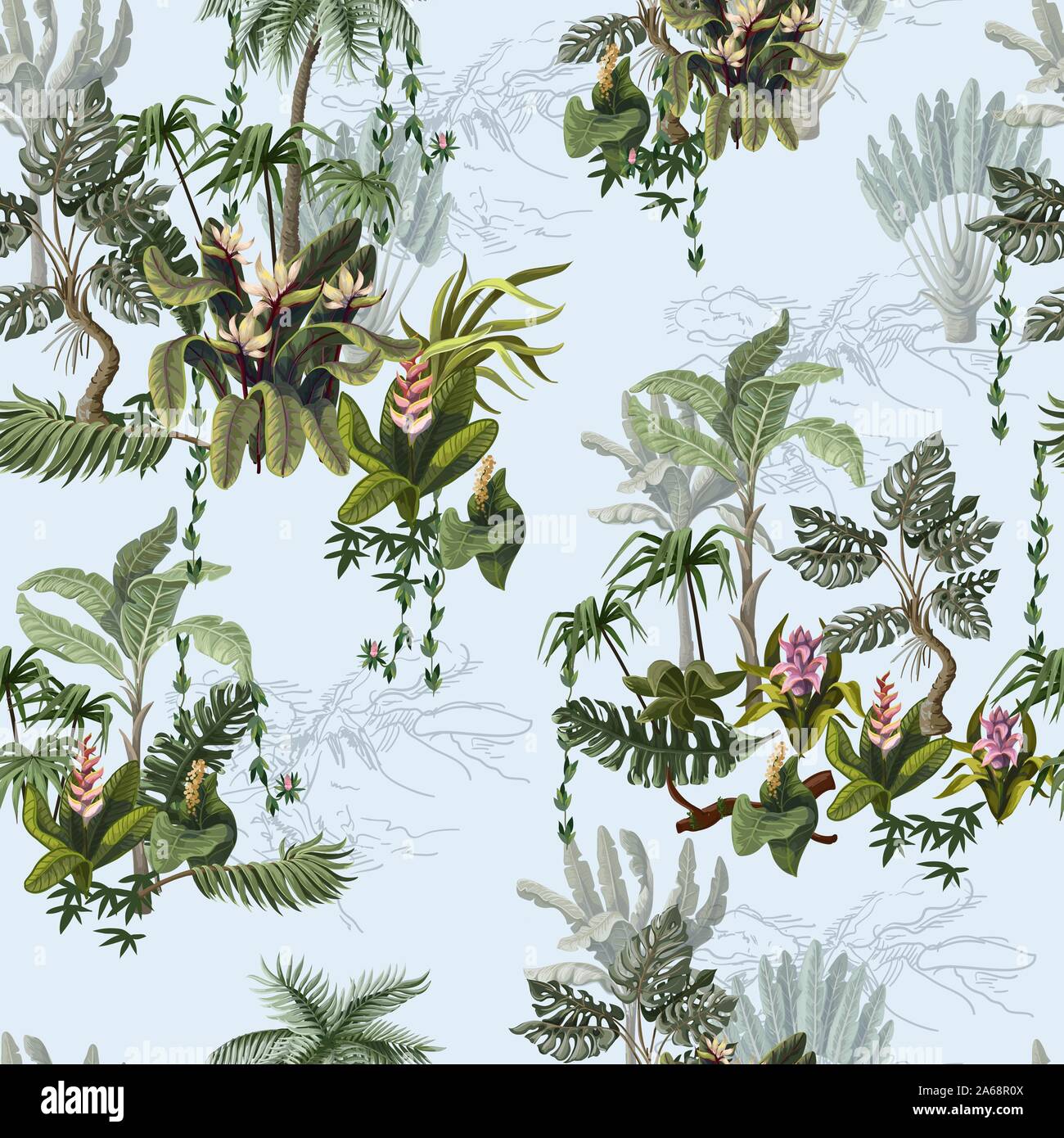 Seamless pattern with jungle trees and flowers. Vector Stock Vector ...