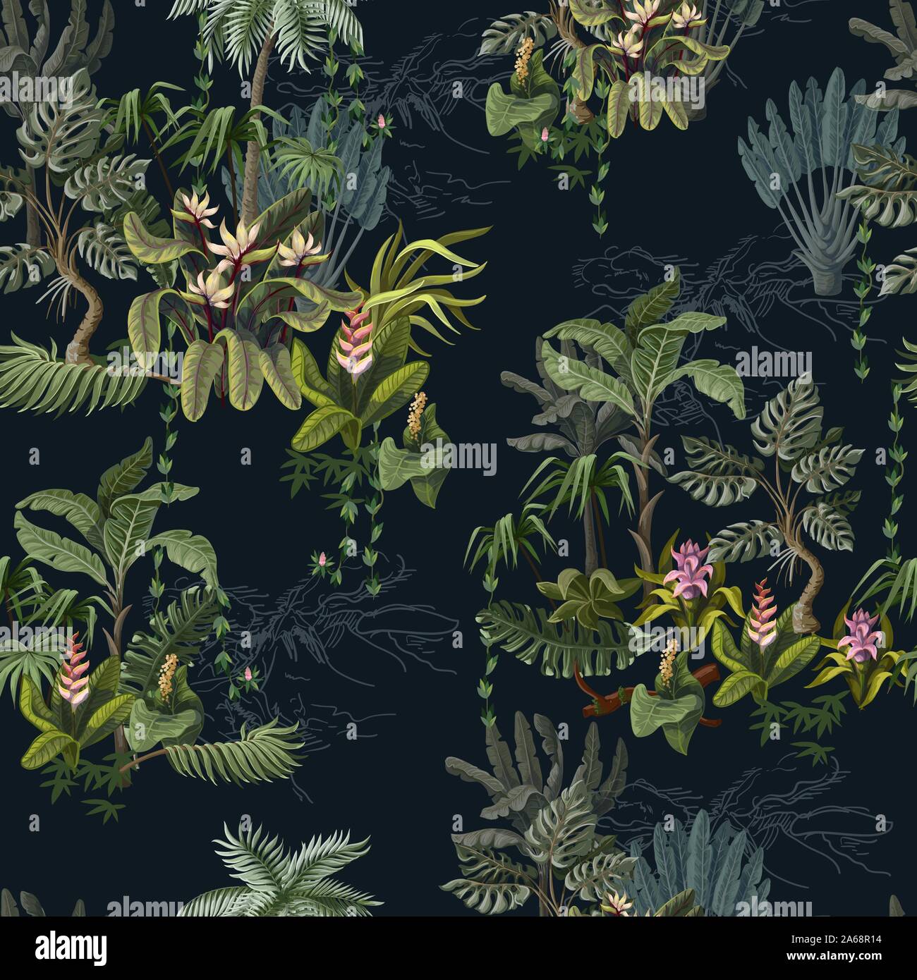 Seamless pattern with jungle trees and flowers. Vector Stock Vector ...