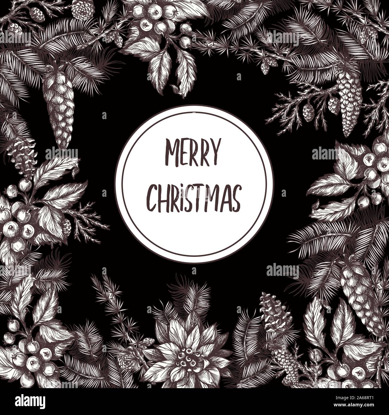 Christmas poster or postcard with pine, holly berry in graphic style ...