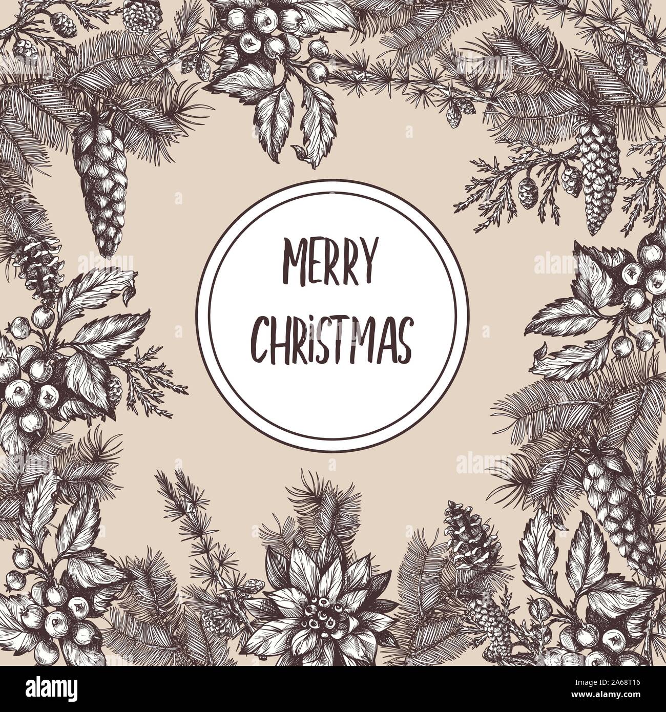 Christmas poster or postcard with pine, holly berry in graphic style ...
