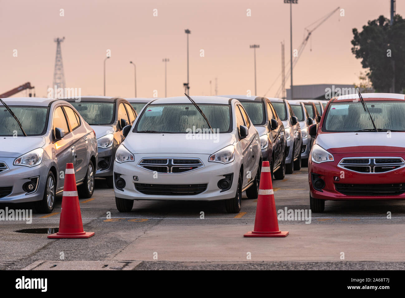 Laem Chabang seaport, Thailand - March 17, 2019: Closeup of a few Dodge ...