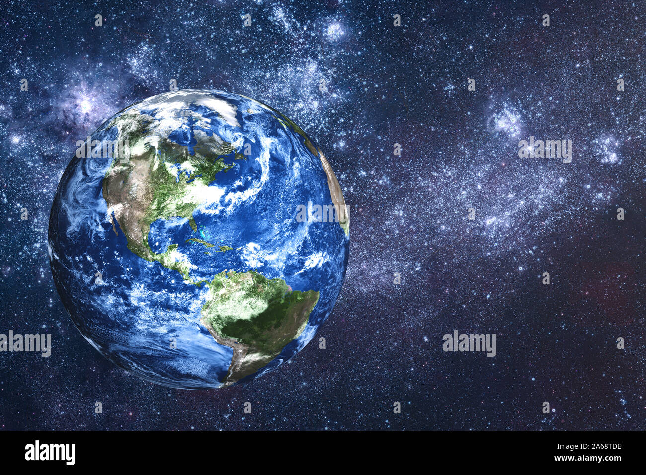 Planet Earth of solar system in the space with far galaxy on the ...