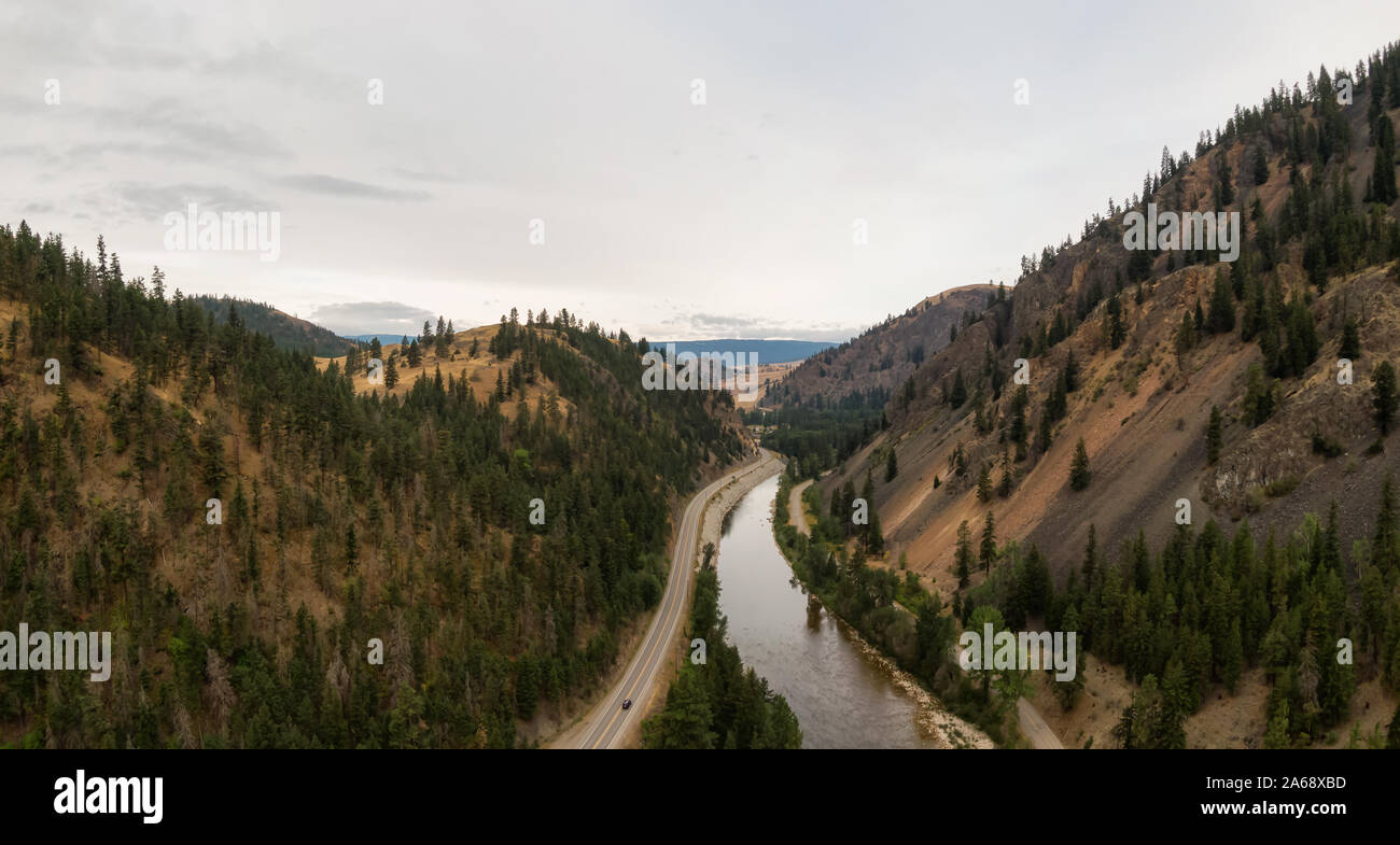 Aerial Panoramic View of a scenic Highway in the Valley surrounded by ...