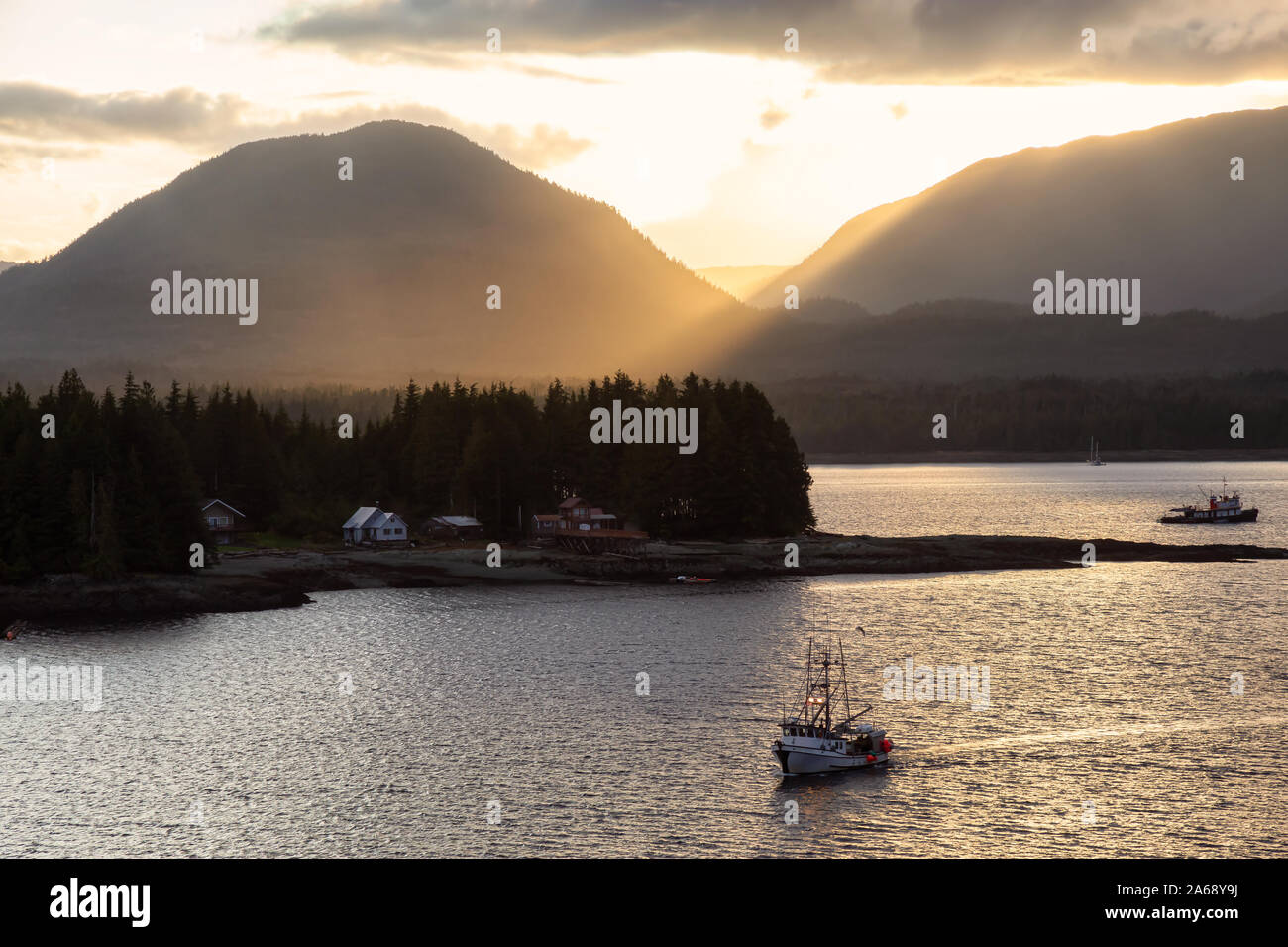 Beautiful Aerial View of homes and boats near a historic town on the ...