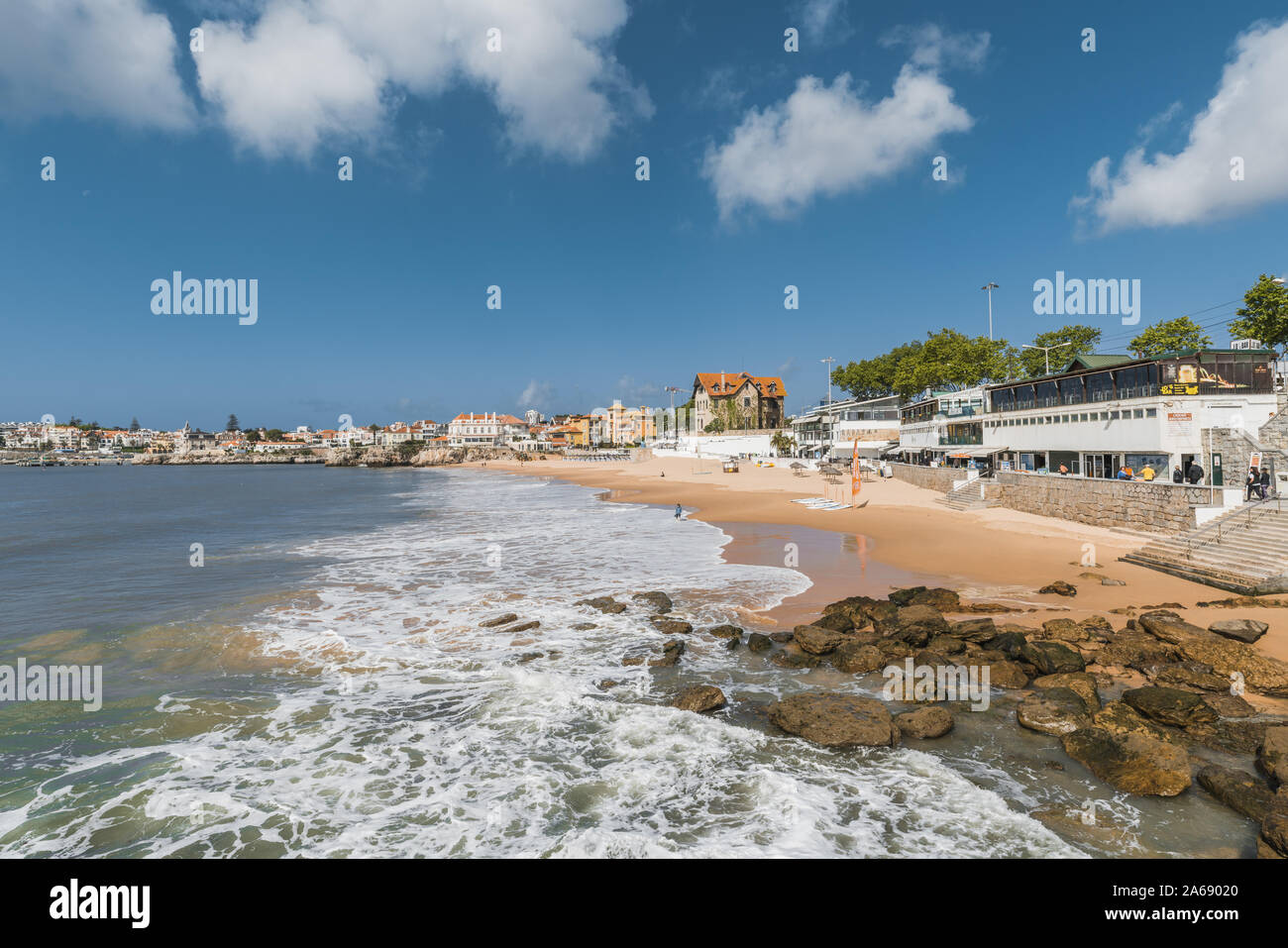 Cascais Beach and Seascapes with waves and traditional Buildings Stock ...