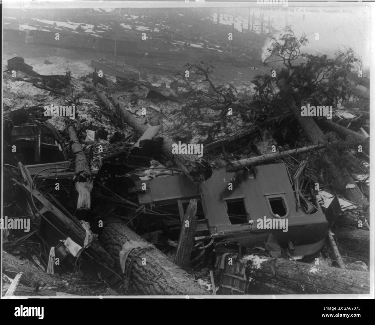 Wreck of train in foregrd. caused by an avalance at Wellington, Wash ...