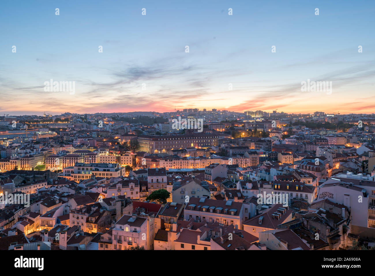 Sunset and Night view of Lisbon city from Miradouro da Graca Stock ...