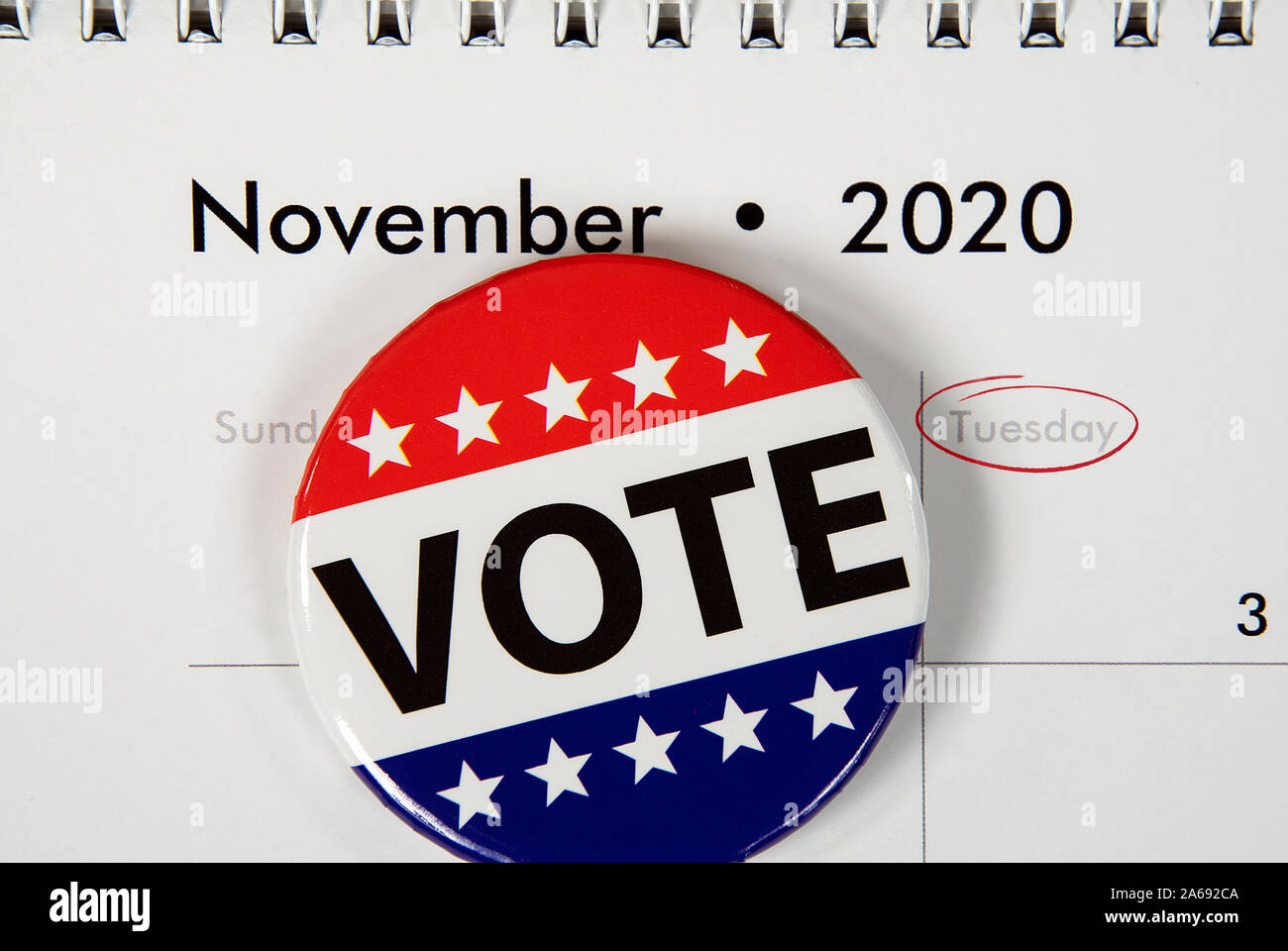close up of patriotic campaign button on November 2020 calendar Stock ...