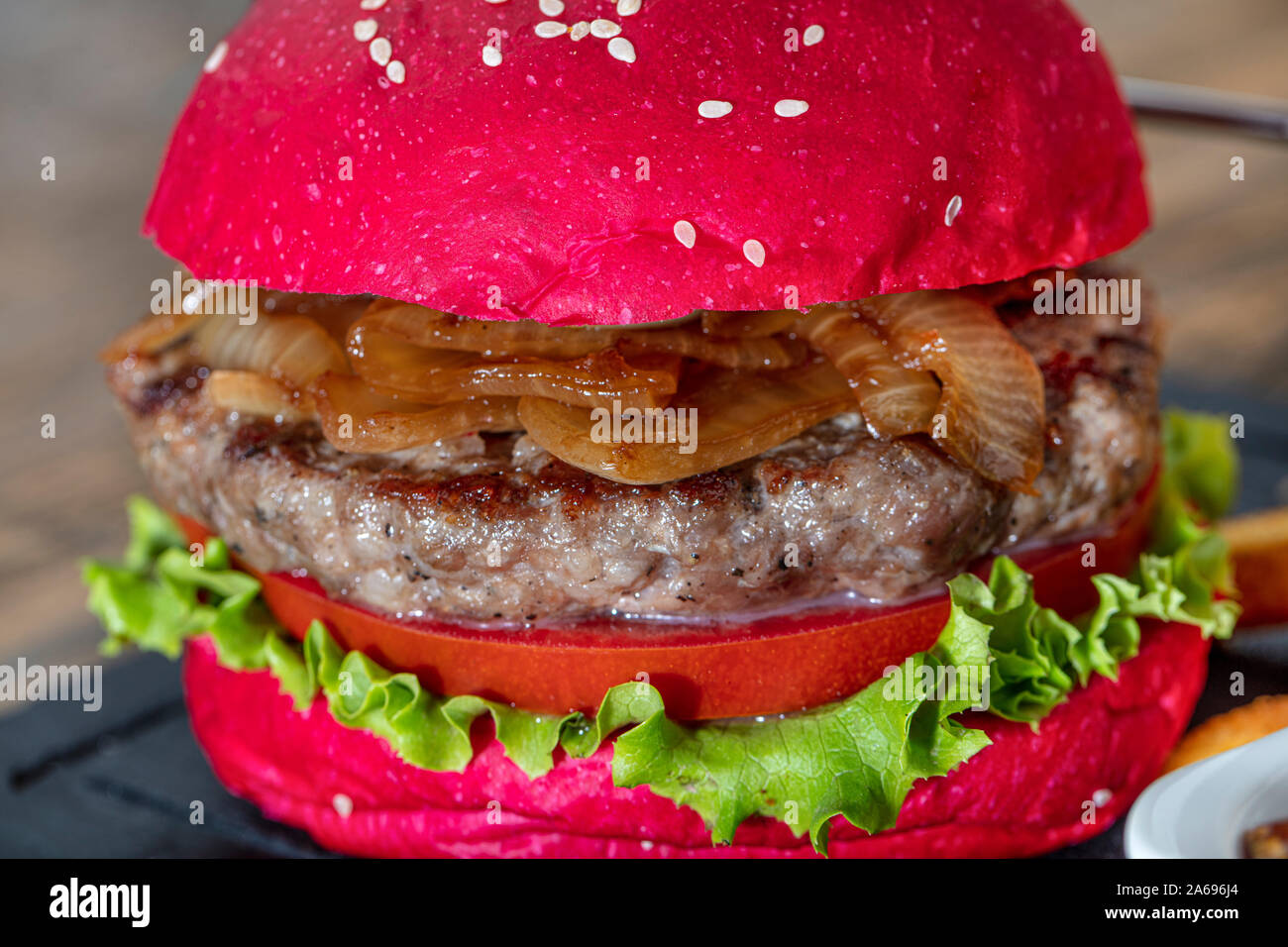 Red bread, burgers. American beefsteak burgers hamburgers pickles ...