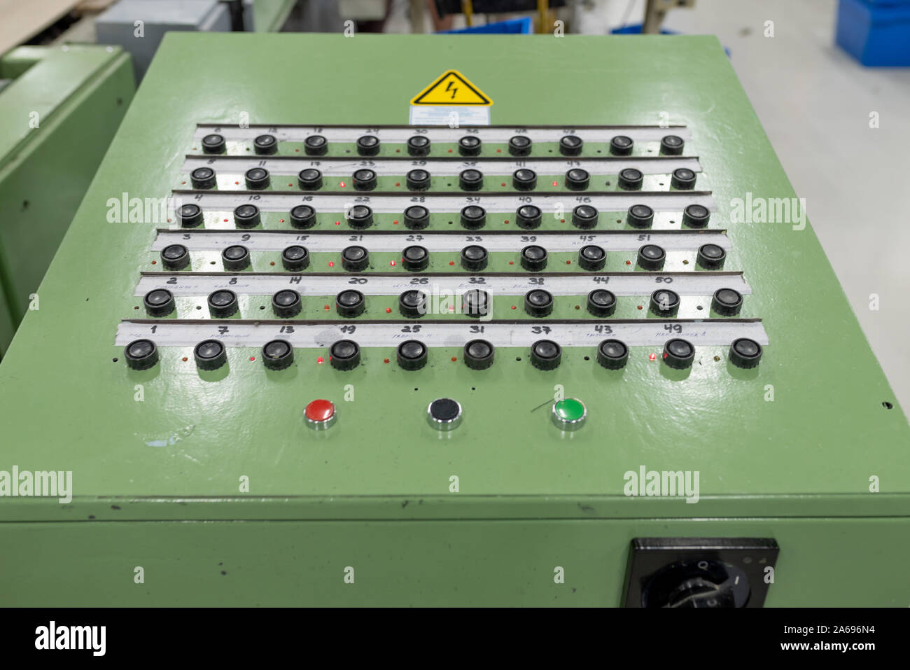 Console of the old, button conveyor Shoe production Stock Photo - Alamy