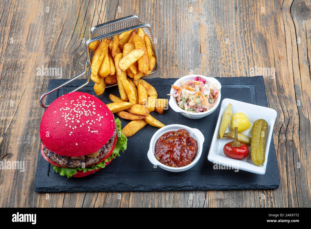 Red bread, burgers. American beefsteak burgers hamburgers pickles ...