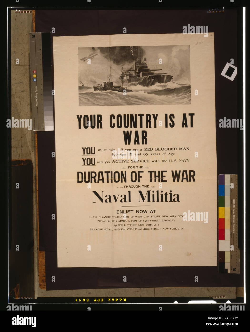 Your country is at war Abstract: Poster showing a battleship and a ...