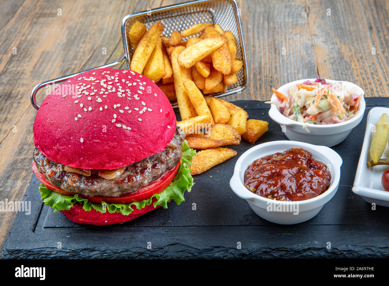 Red bread, burgers. American beefsteak burgers hamburgers pickles ...