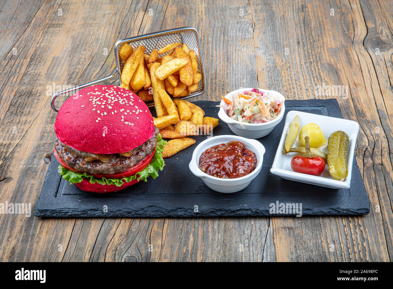 Red bread, burgers. American beefsteak burgers hamburgers pickles ...