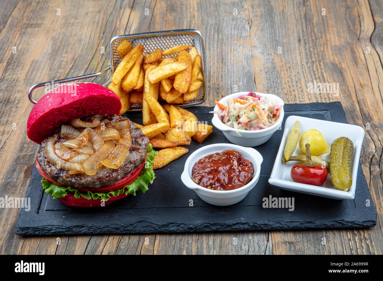 Red bread, burgers. American beefsteak burgers hamburgers pickles ...