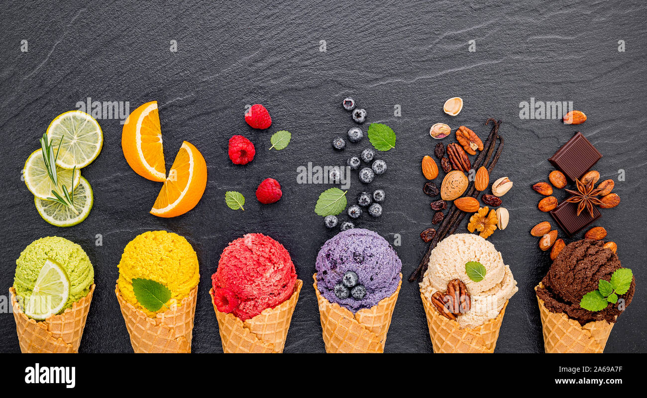 Various of ice cream flavor in cones blueberry ,lime ,pistachio ,almond ...