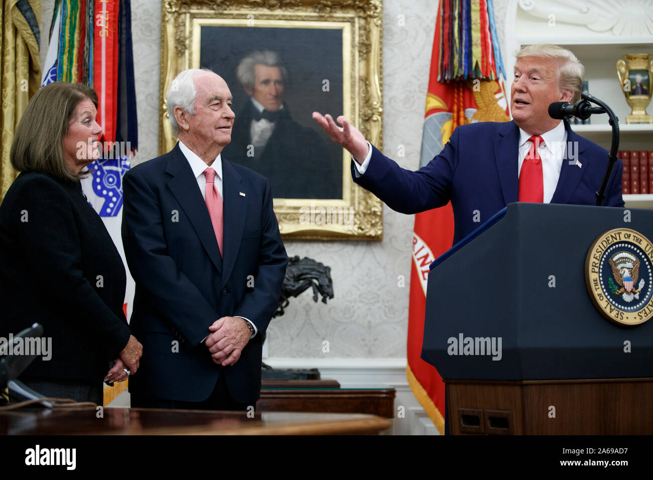 US President Donald J. Trump (R), with American racing magnate Roger ...