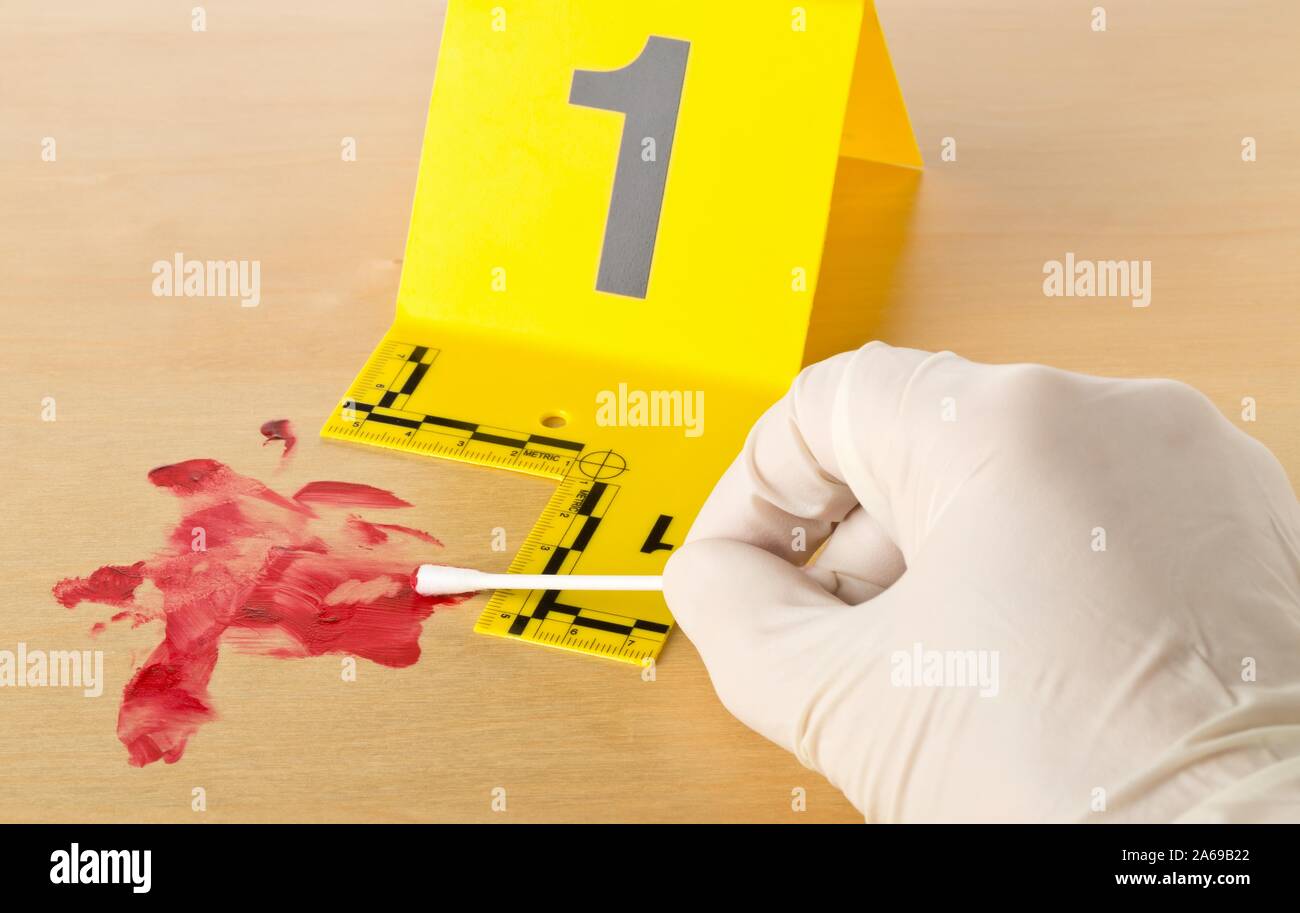 Forensic Investigator Collecting Blood Sample At Scene Investigation With CSI Evidence 