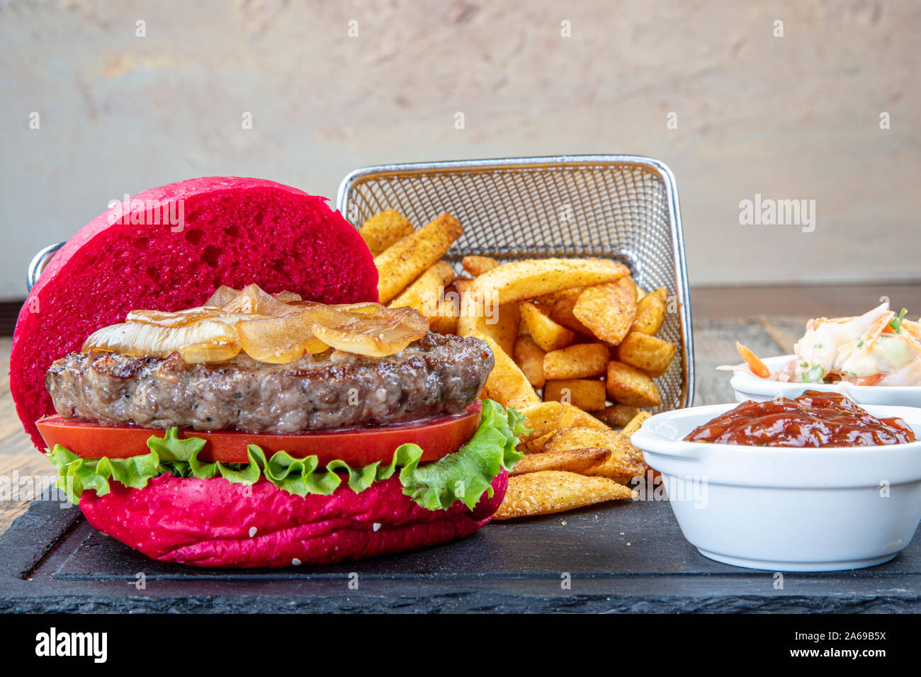 Red bread, burgers. American beefsteak burgers hamburgers pickles ...