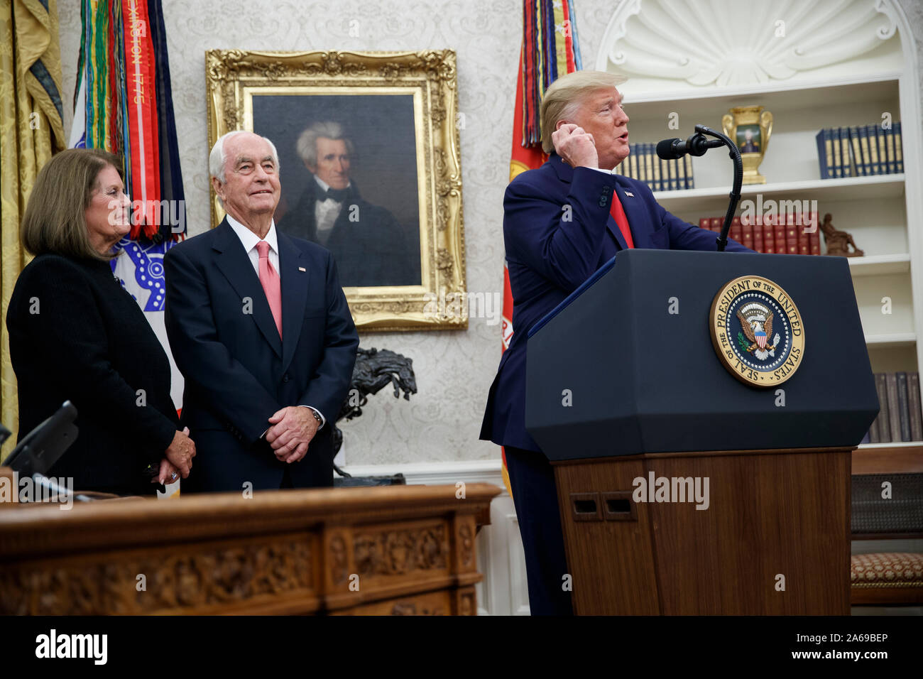 US President Donald J. Trump (R), with American racing magnate Roger ...